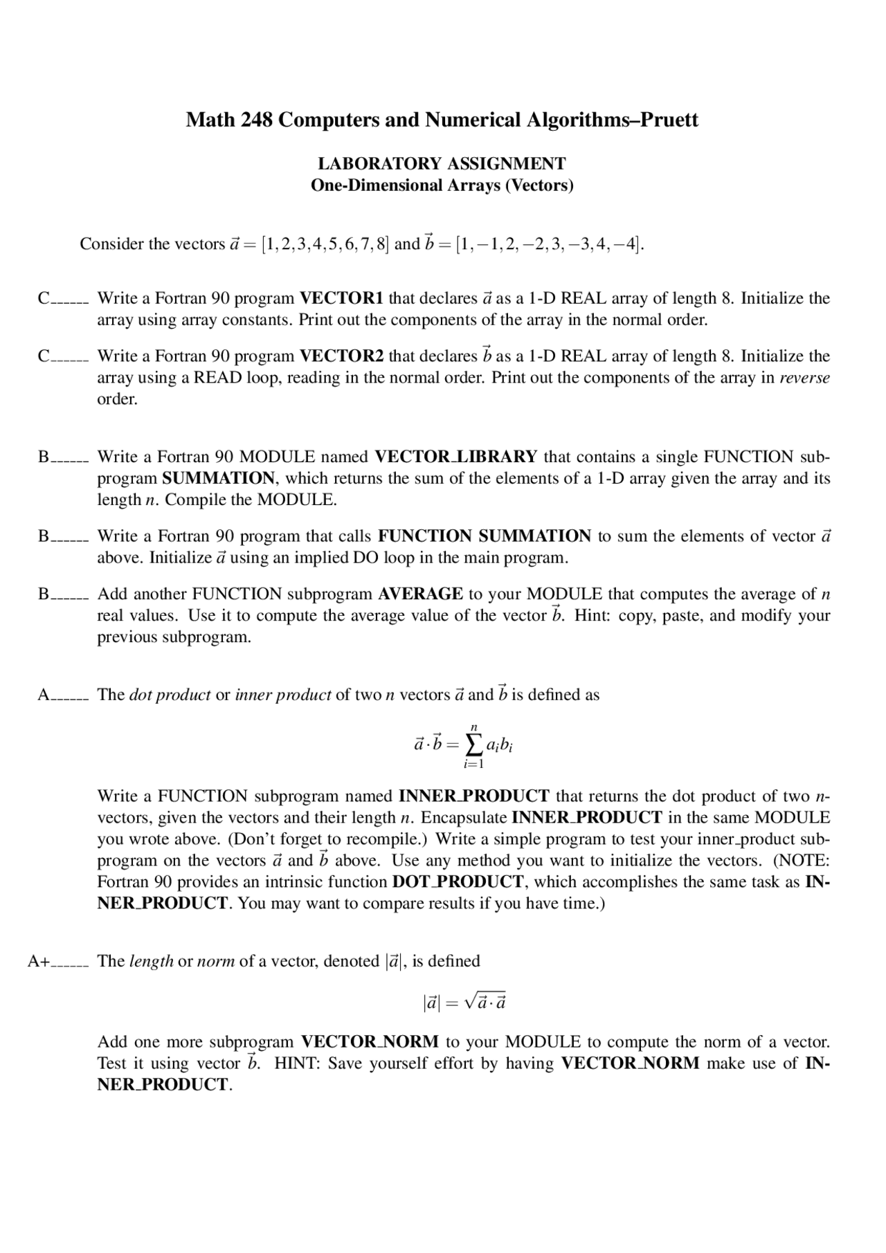 Laboratory Assignment - One-Dimensional Arrays | MATH 248 - Docsity