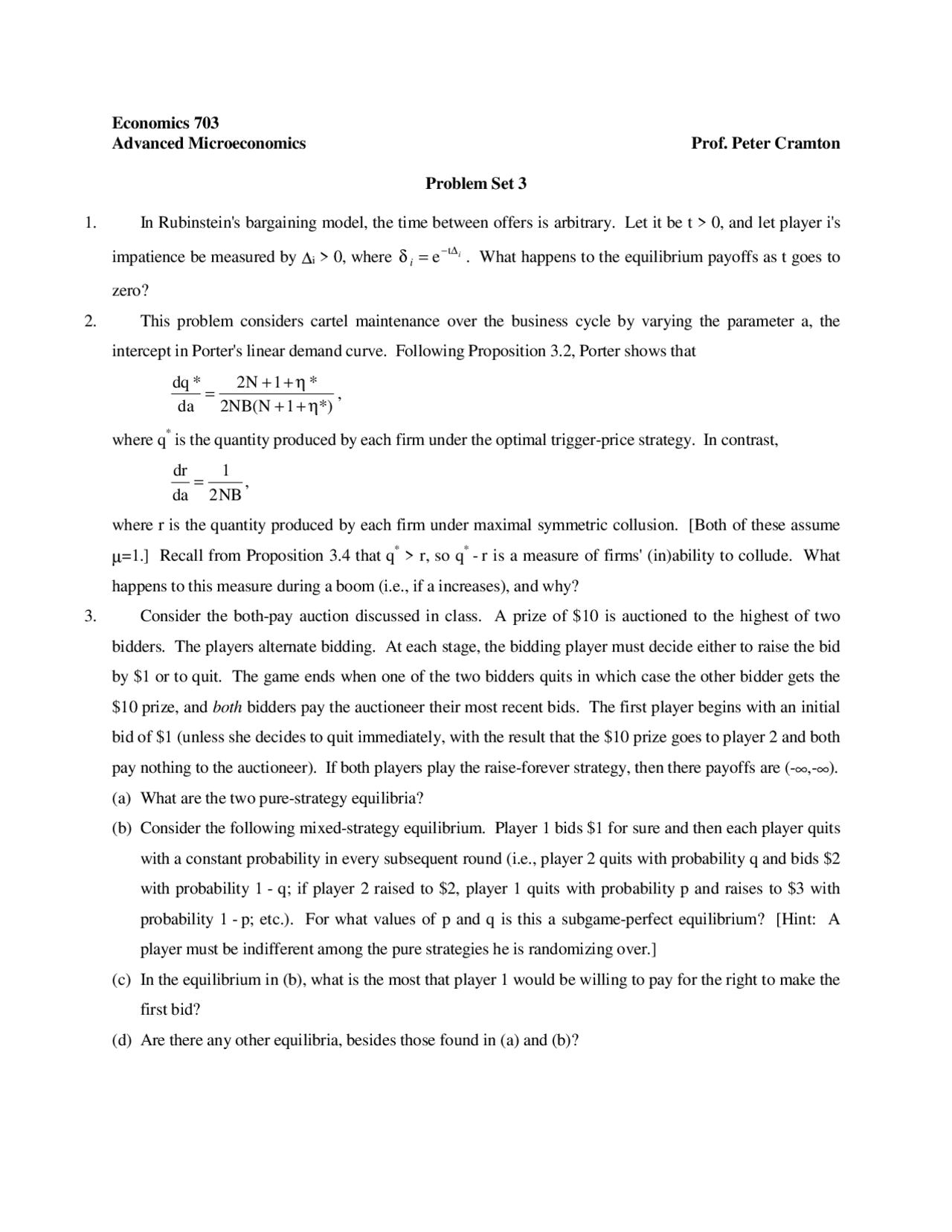 Problem Set 3 Advanced Microeconomics I Econ 703 Docsity