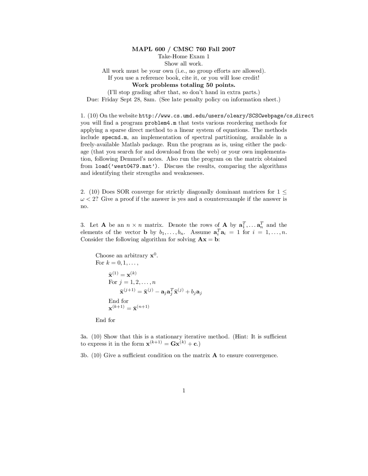Take Home Exam 1 Advanced Linear Number Analysis Fall 2007 Cmsc
