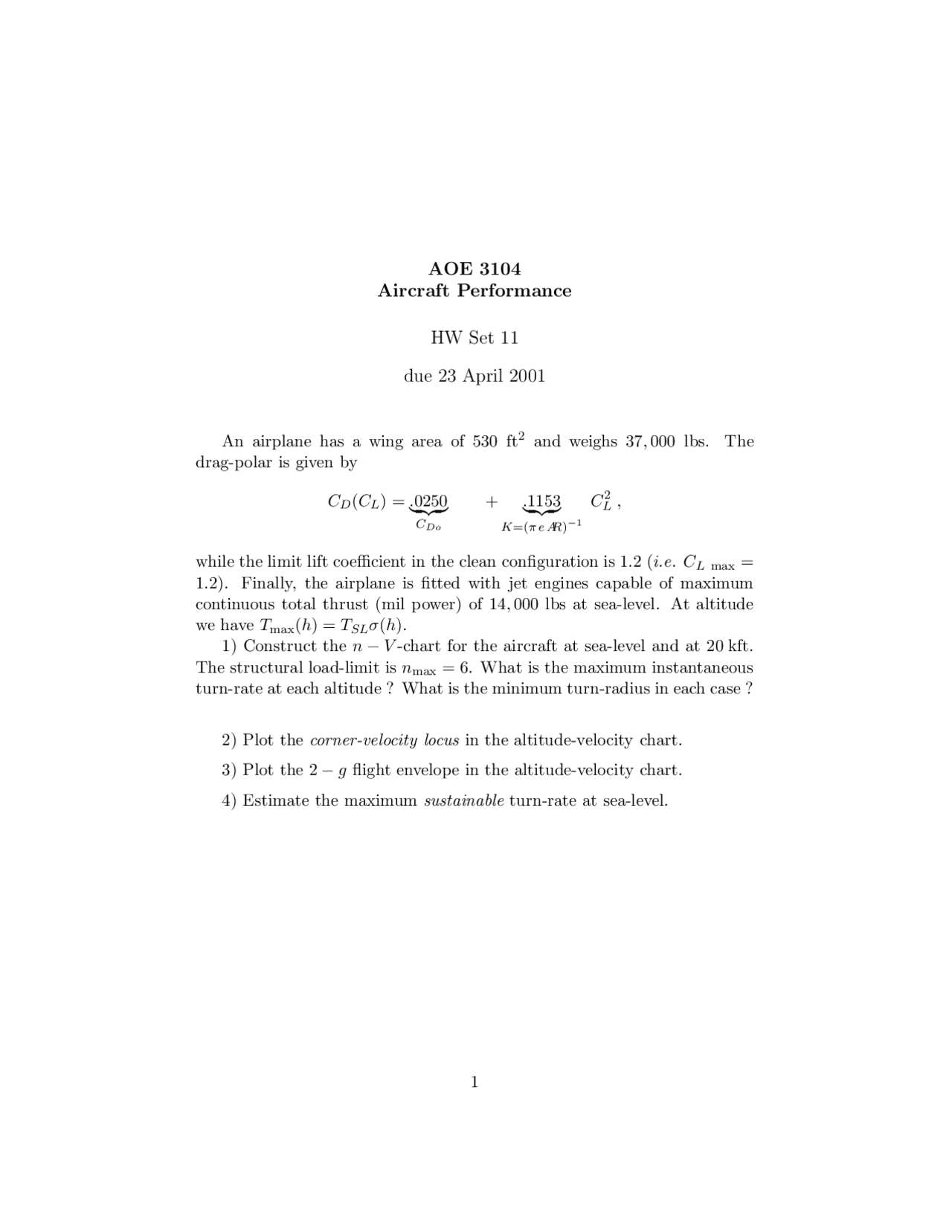 4 Questions Of Aircraft Performance Assignment 11 Fall 2001 Aoe