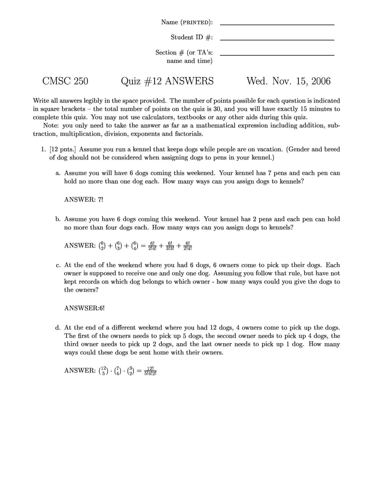 Quiz 12 With Answers Discrete Structures 2006 Cmsc 250 Docsity