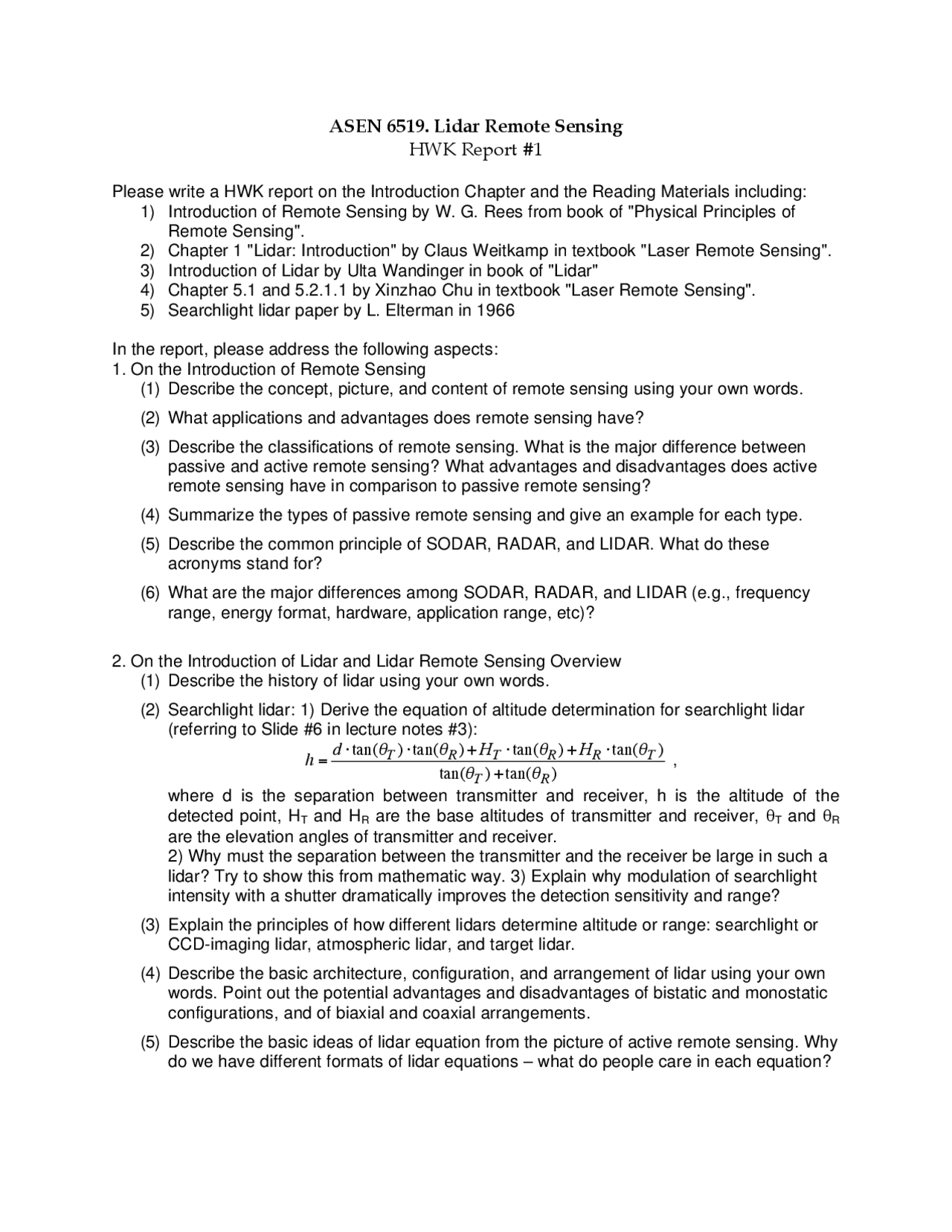 Homework 1 Problems Special Topics Asen 6519 Docsity