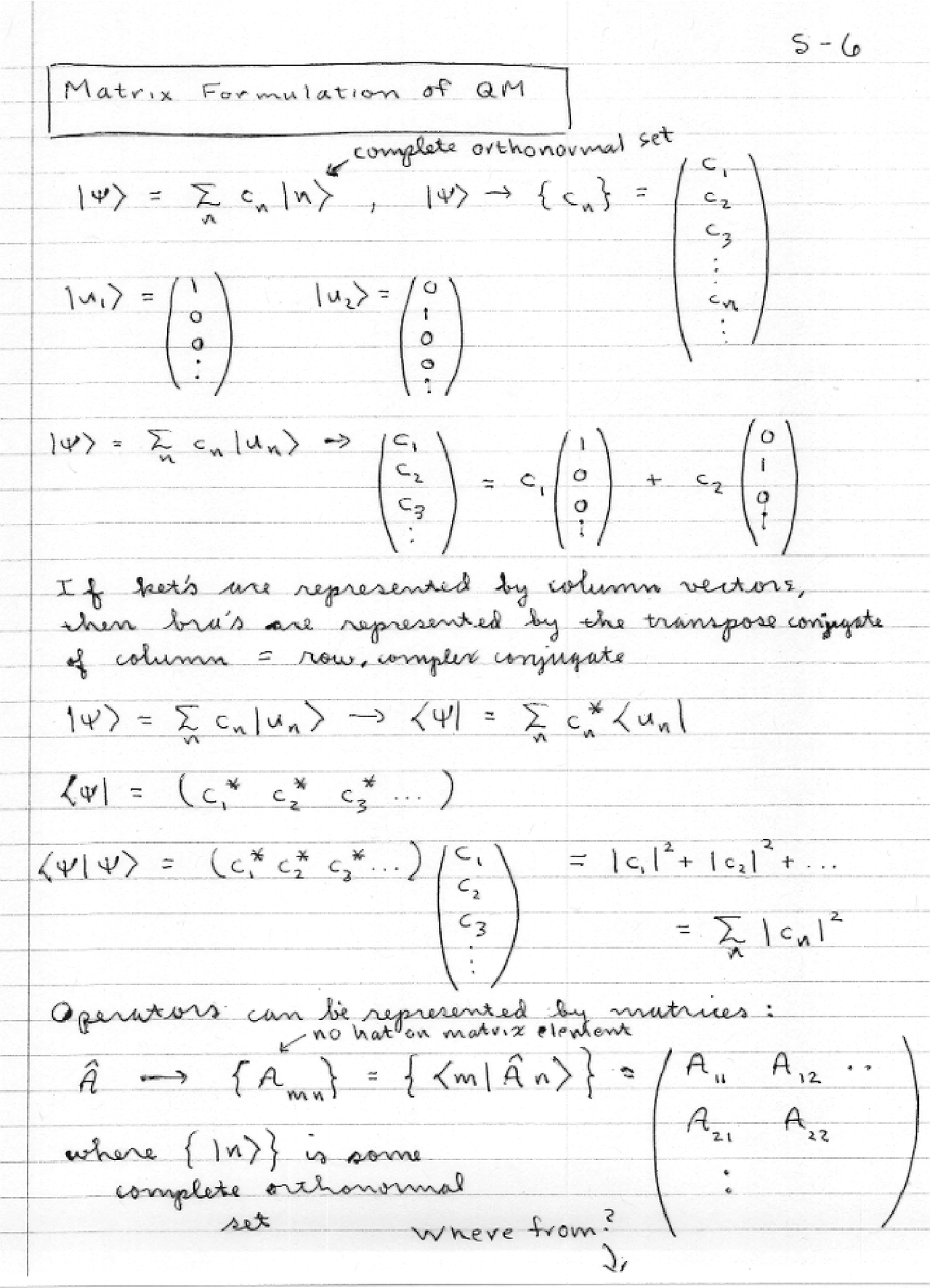 Handout Notes on Matrix Formulation of QM - Quantum Mechanics and ...