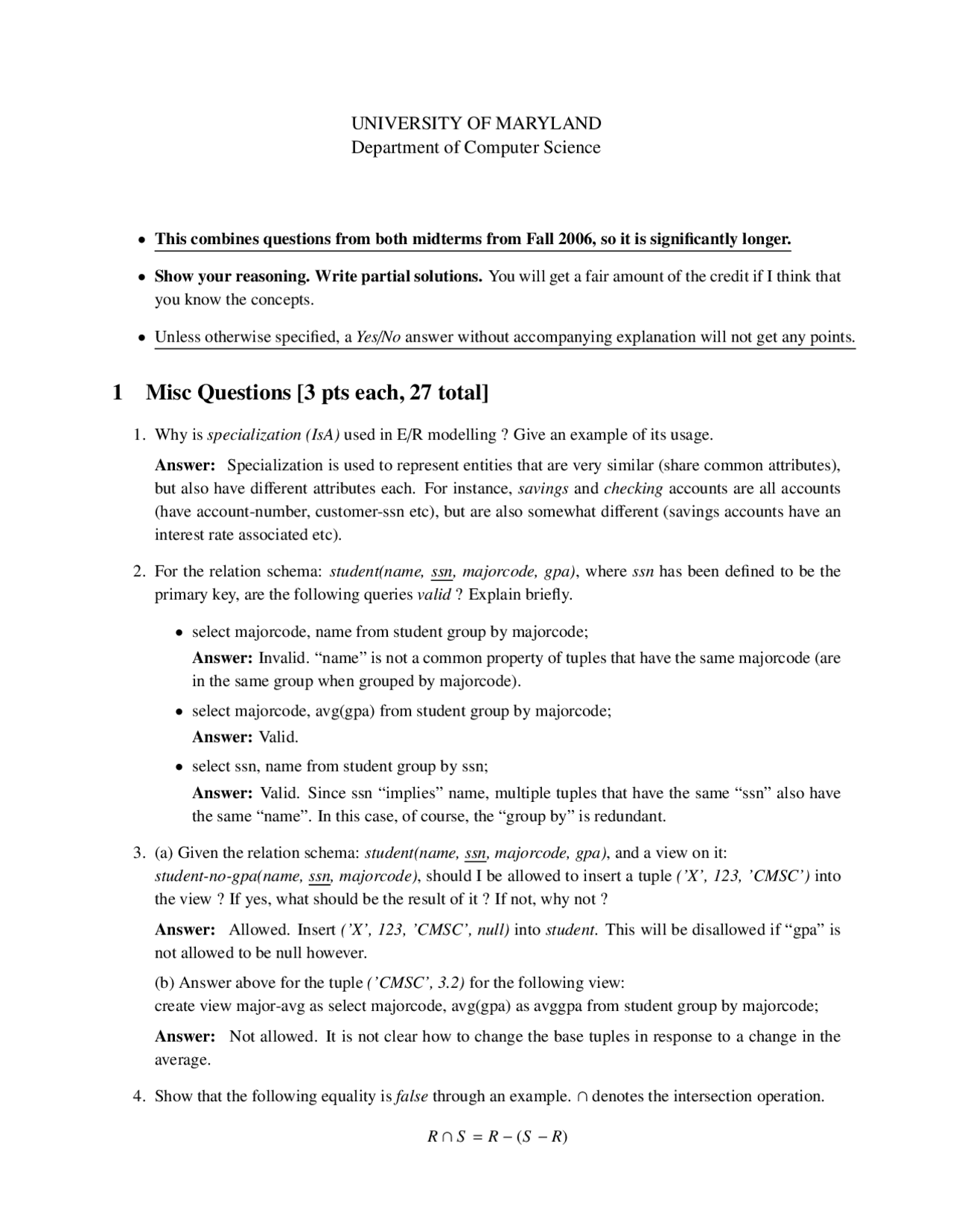 Relational Algebra Modelling Normalization Quiz With Answers Cmsc
