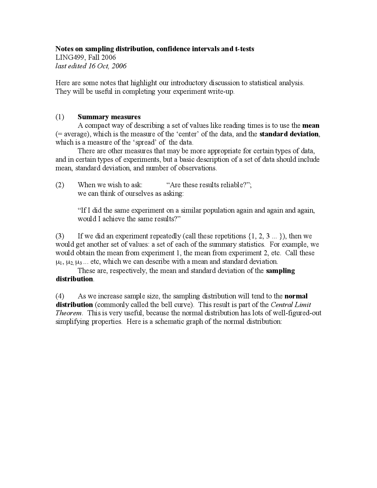 Notes On Sampling Distribution Confidence Intervals And T Tests Ling