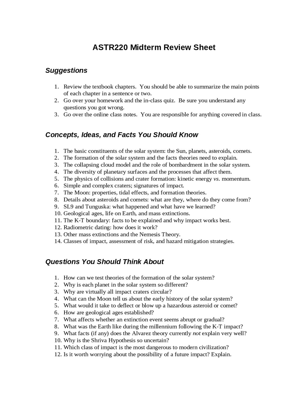 Midterm Review Sheet Collisions In Space Astr 220 Docsity