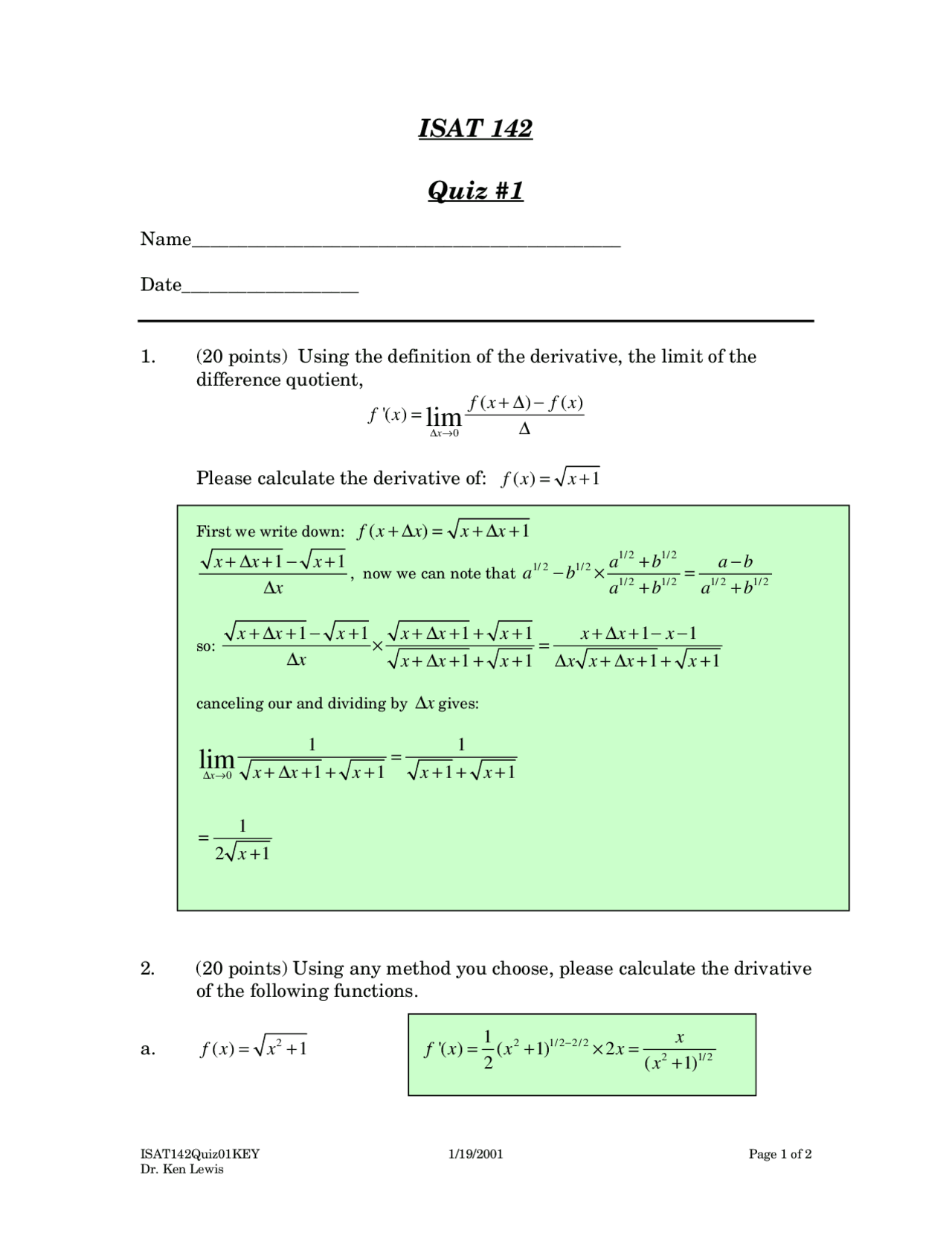 Using Definition of Derivative - Quiz 1 with Solution | ISAT 142 - Docsity
