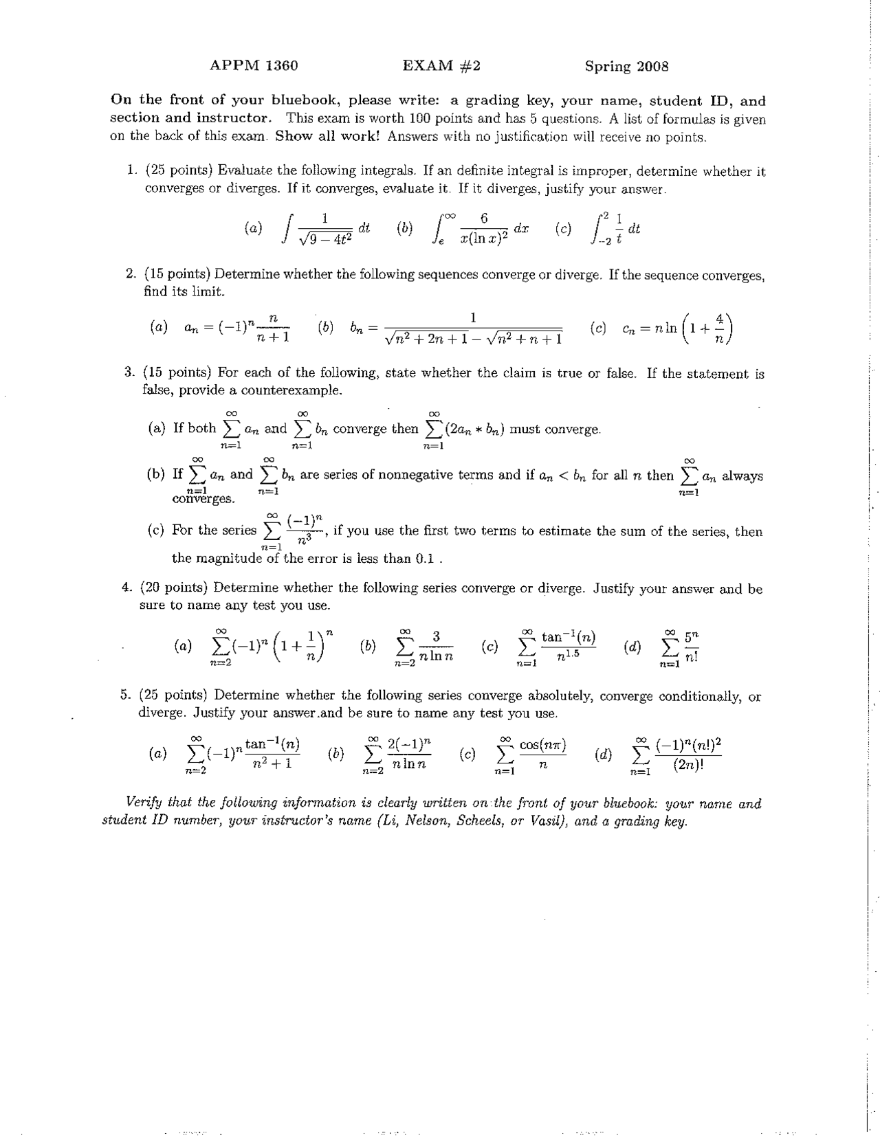 5 Questions On Calculus 2 For Engineers Exam 2 Appm 1360 Docsity