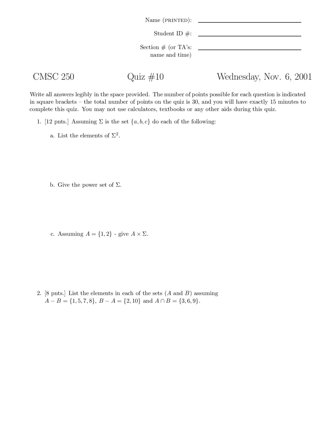 3 Questions On Discrete Structures Quiz 10 Cmsc 250 Docsity
