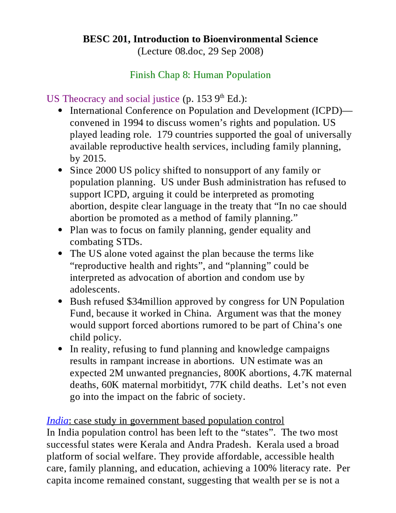 Human Population Introduction To Bioenvironmental Science Besc 201