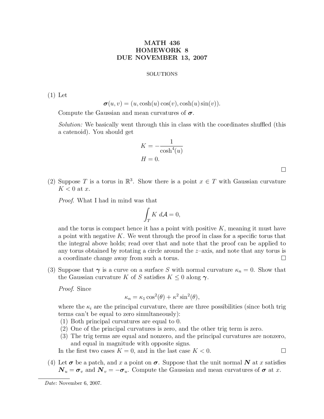 4 Solved Problems on Gaussian and Mean Curvature - Homework 8 | MATH ...
