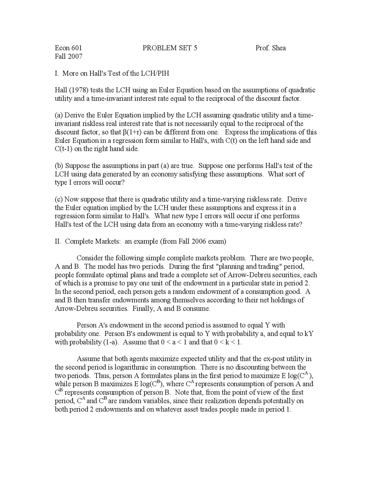 Problem Set 5 Macroeconomic Analysis I Fall 2007 Econ 601 Docsity