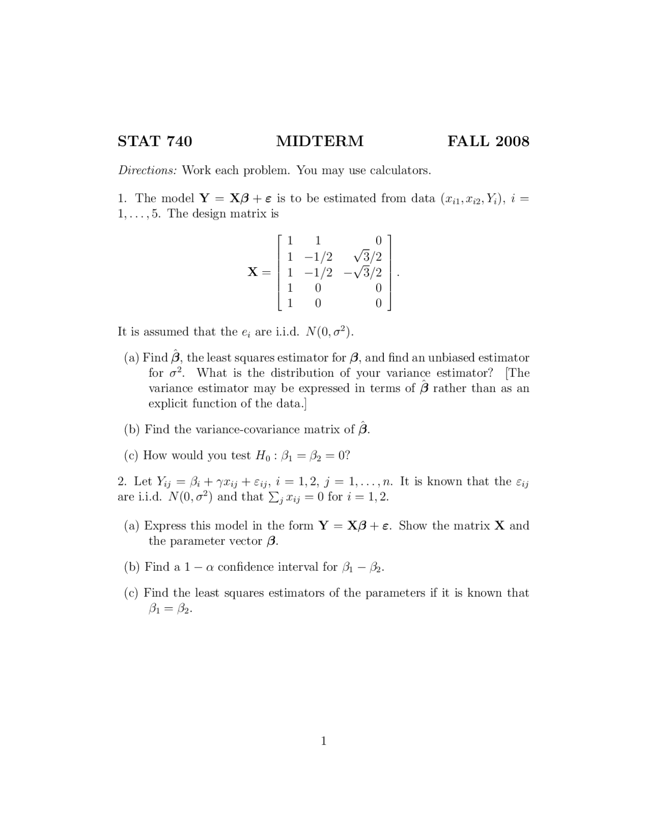 Midterm Exam Linear Statistics Models I Stat 740 Docsity