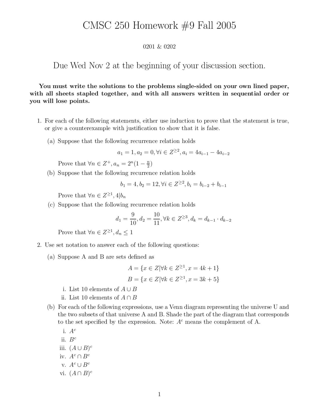 Assignment 9 with Questions - Discrete Structures | CMSC 250 - Docsity