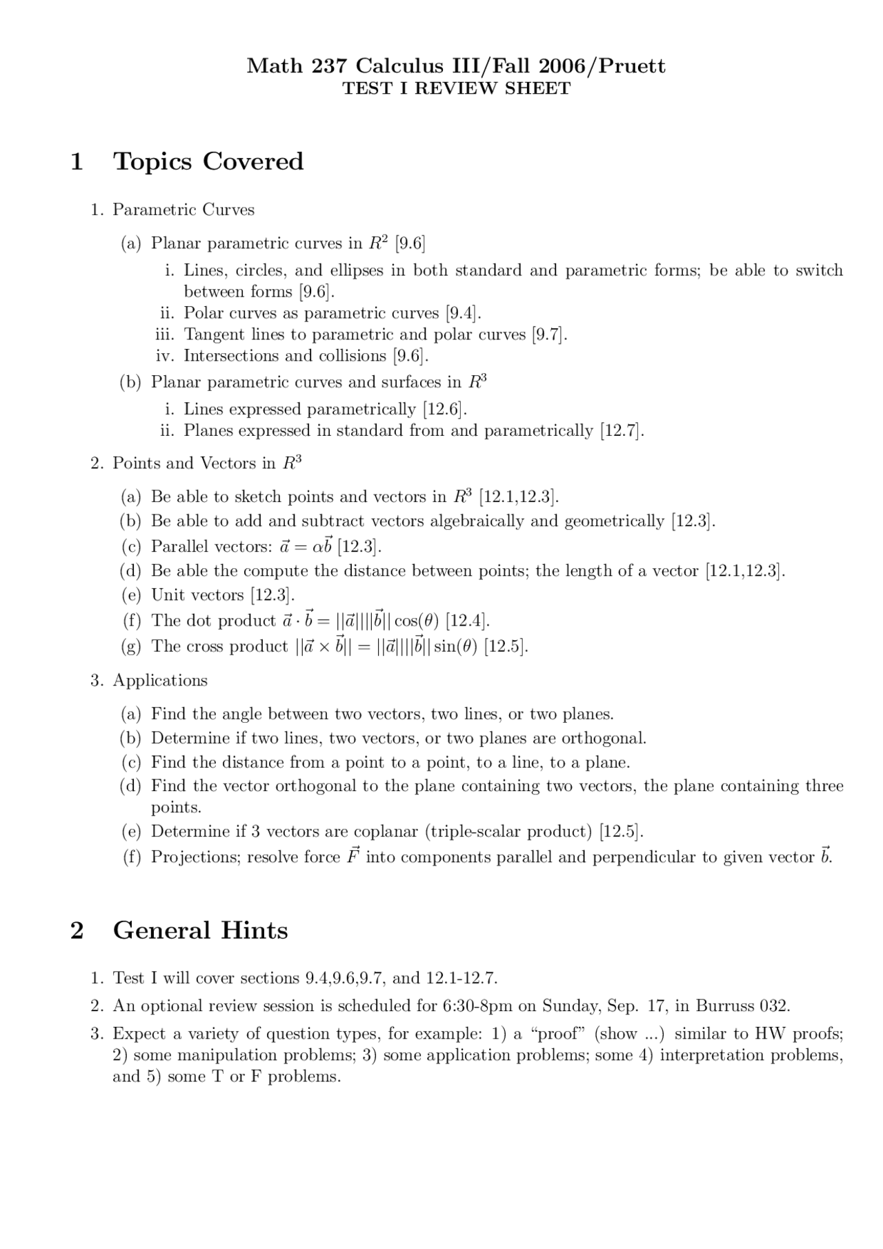 Test 1 Review Sheet - Calculus III | MATH 237 - Docsity