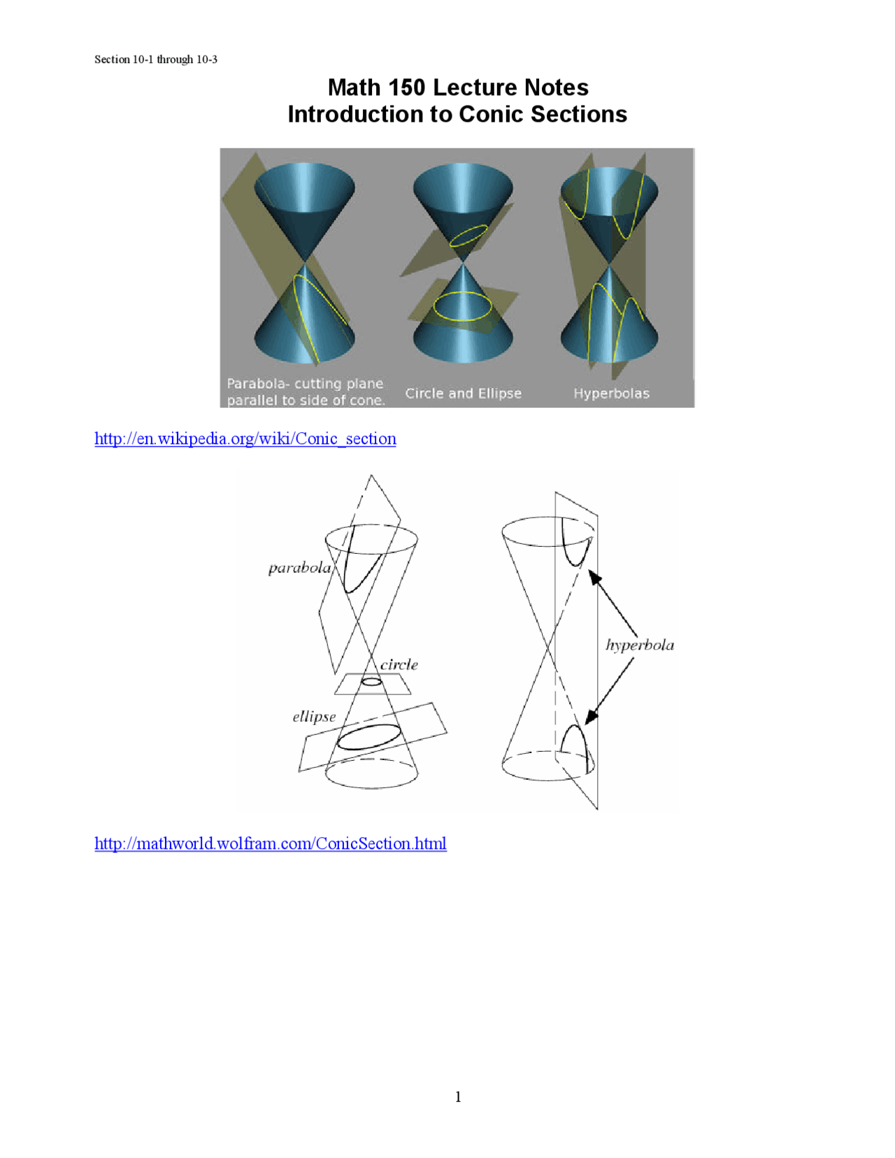 Slides on Introduction to Conic Sections | MATH 150 - Docsity