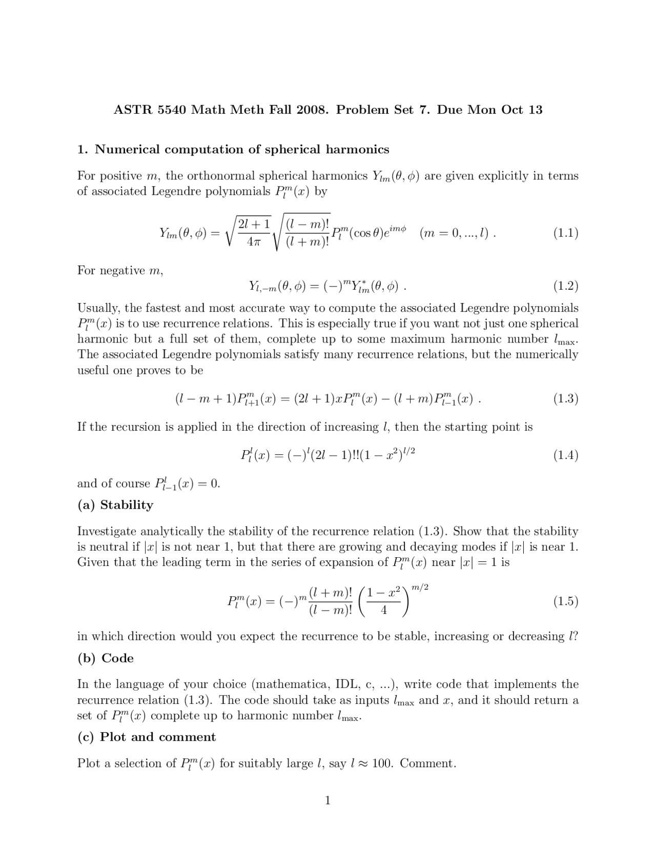 Mathematical Methods Problem Set 7 Astr 5540 Docsity