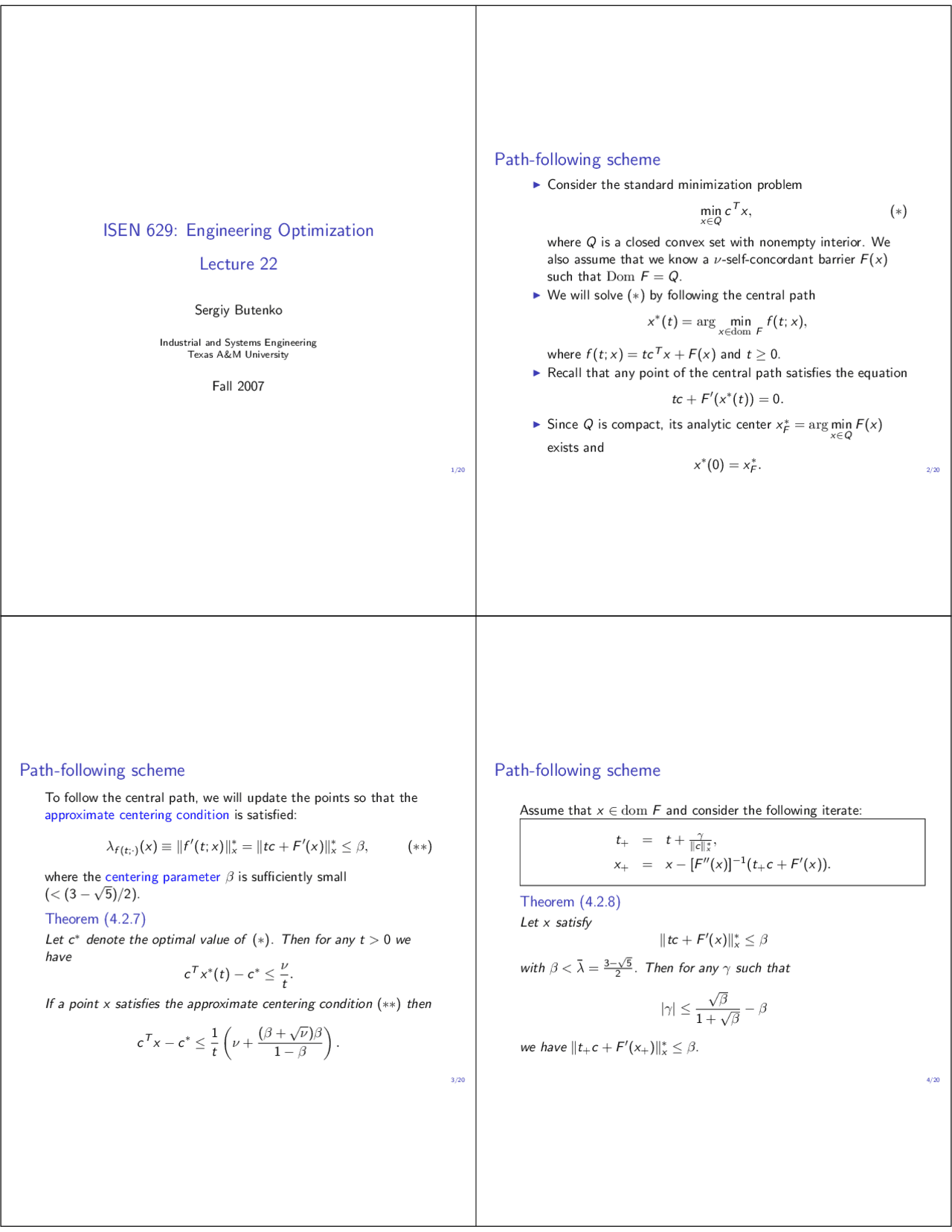 Path Following Scheme Lecture 22 Engineering Optimization Isen 629