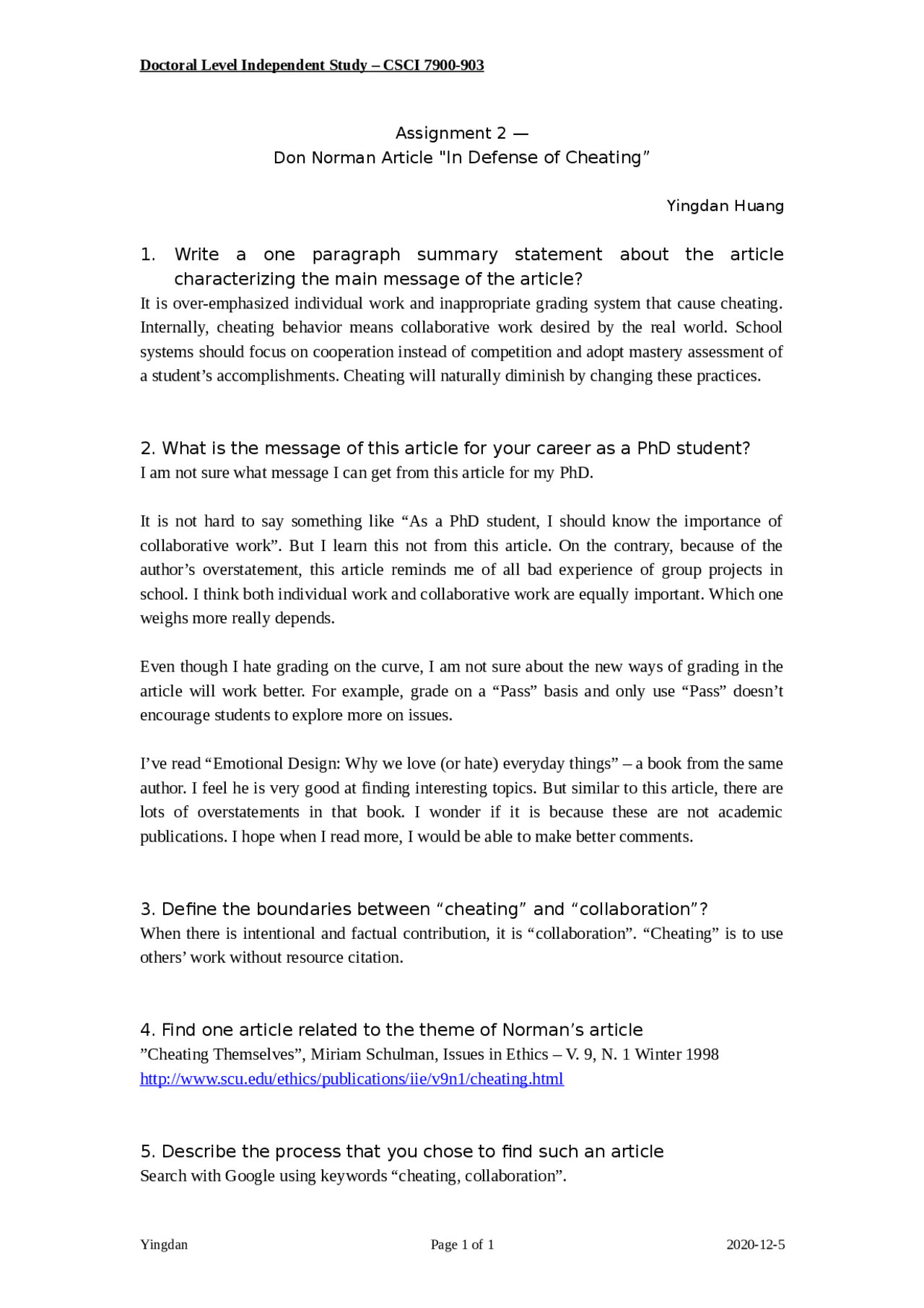 Article In Defense Of Cheating Assignment 2 Csci 7900 Docsity