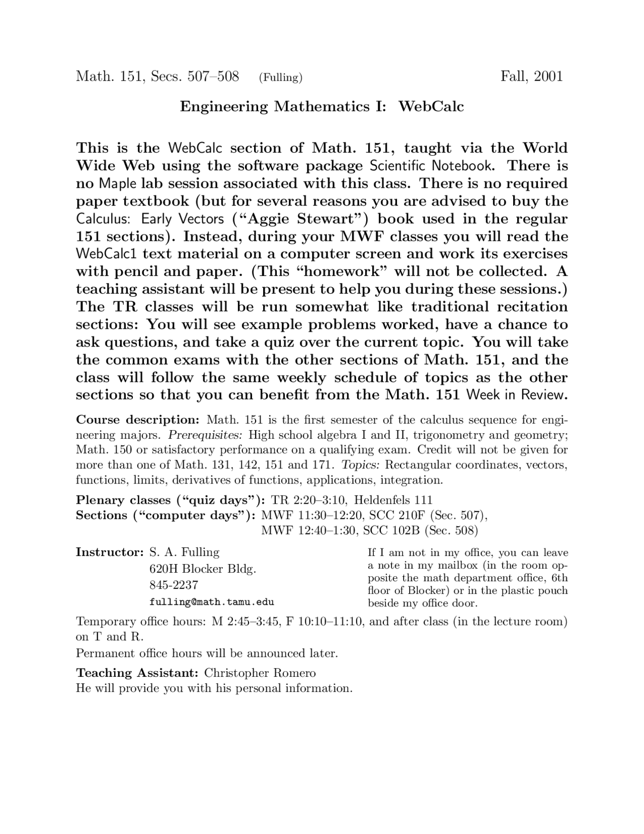 Engineering Mathematics 1 Fall 2001 Math 151 Docsity