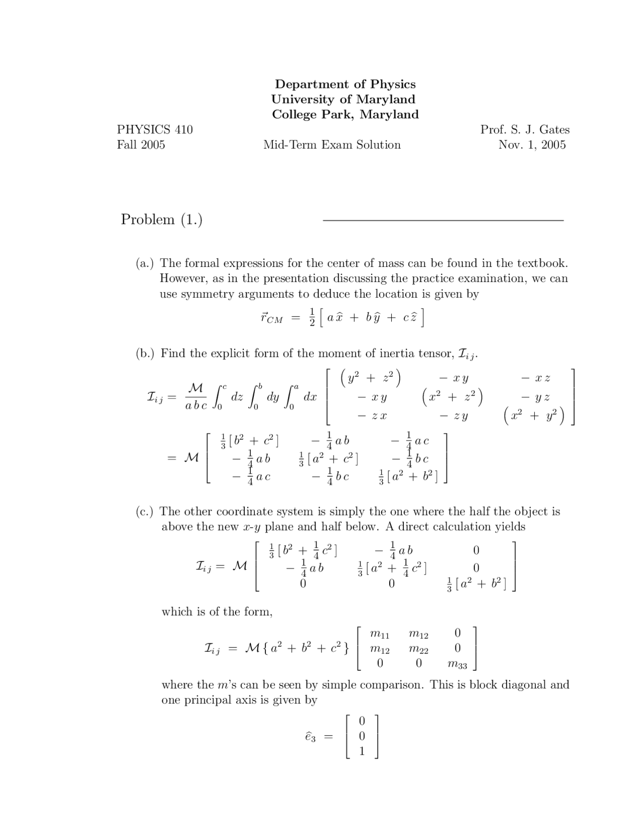 Classical Mechanics - Solutions for Midterm Exam | PHYS 410 - Docsity