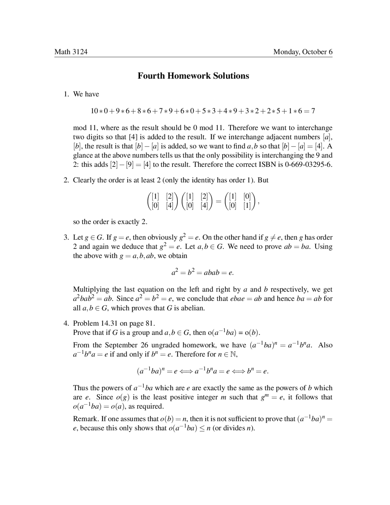 Lecture Notes Sample Documents Text Modern Algebra Math 3124 Docsity