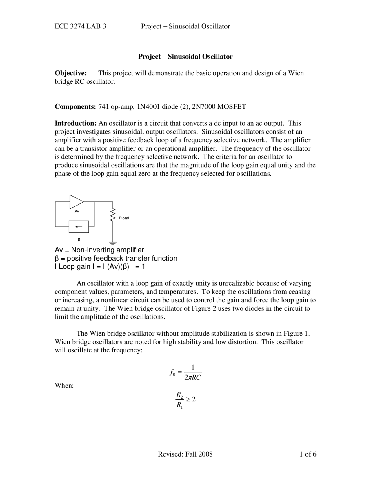 Sinusoidal Oscillator Project Ece 3274 Docsity