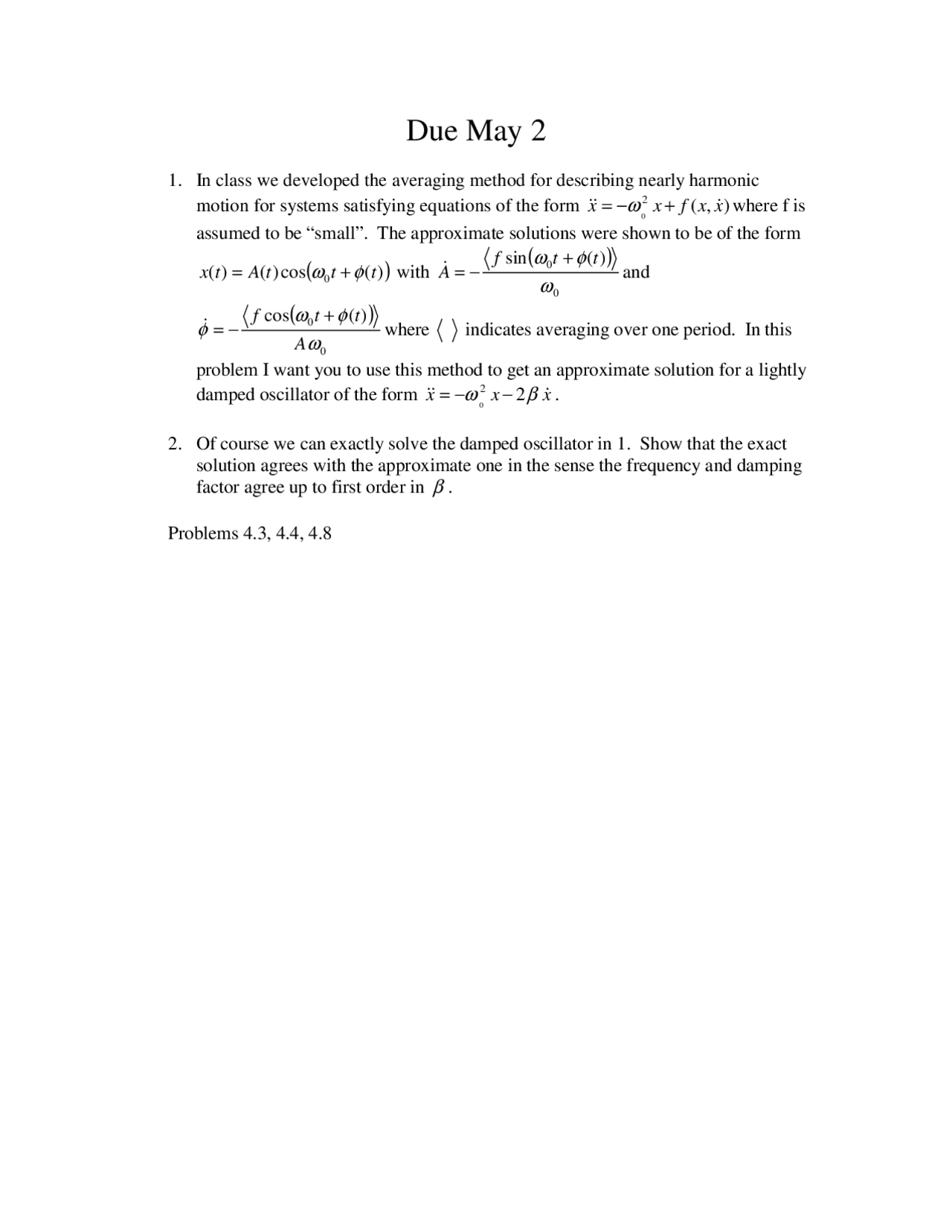 Assignment 1 with 2 Problems - Classical Mechanics | PHYS 410 - Docsity