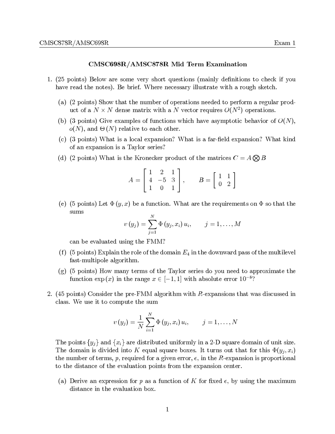 Midterm Exam 1 Fast Multipole Methods Cmsc 878r Docsity