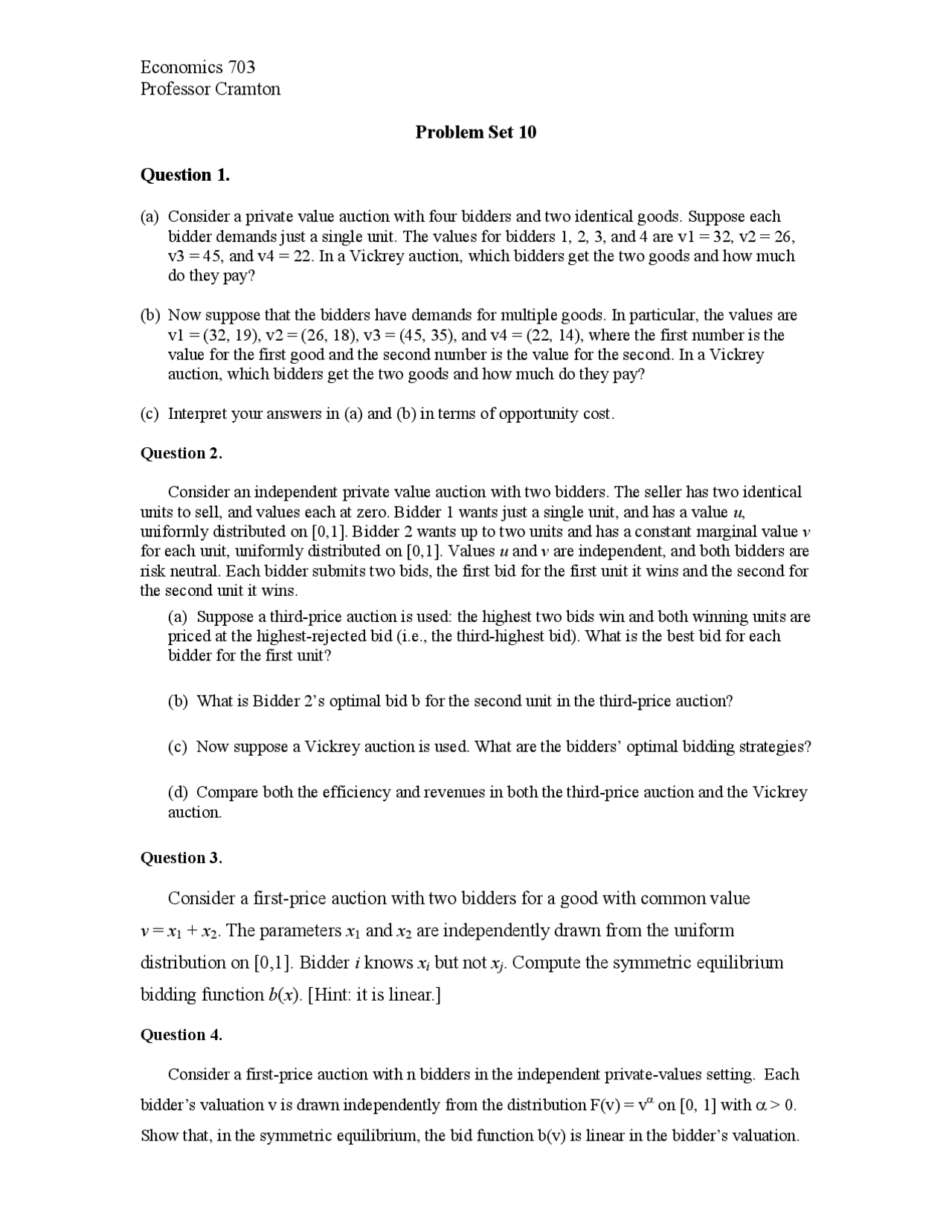 Problem Set 10 Advanced Microeconomics I Econ 703 Docsity