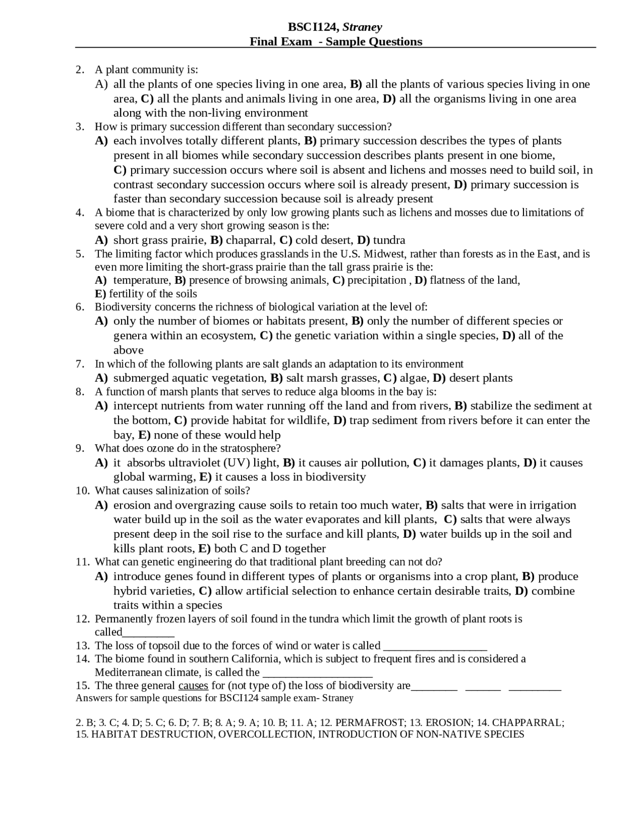 Plant Biology Final Exam with Answers | BSCI 124 - Docsity