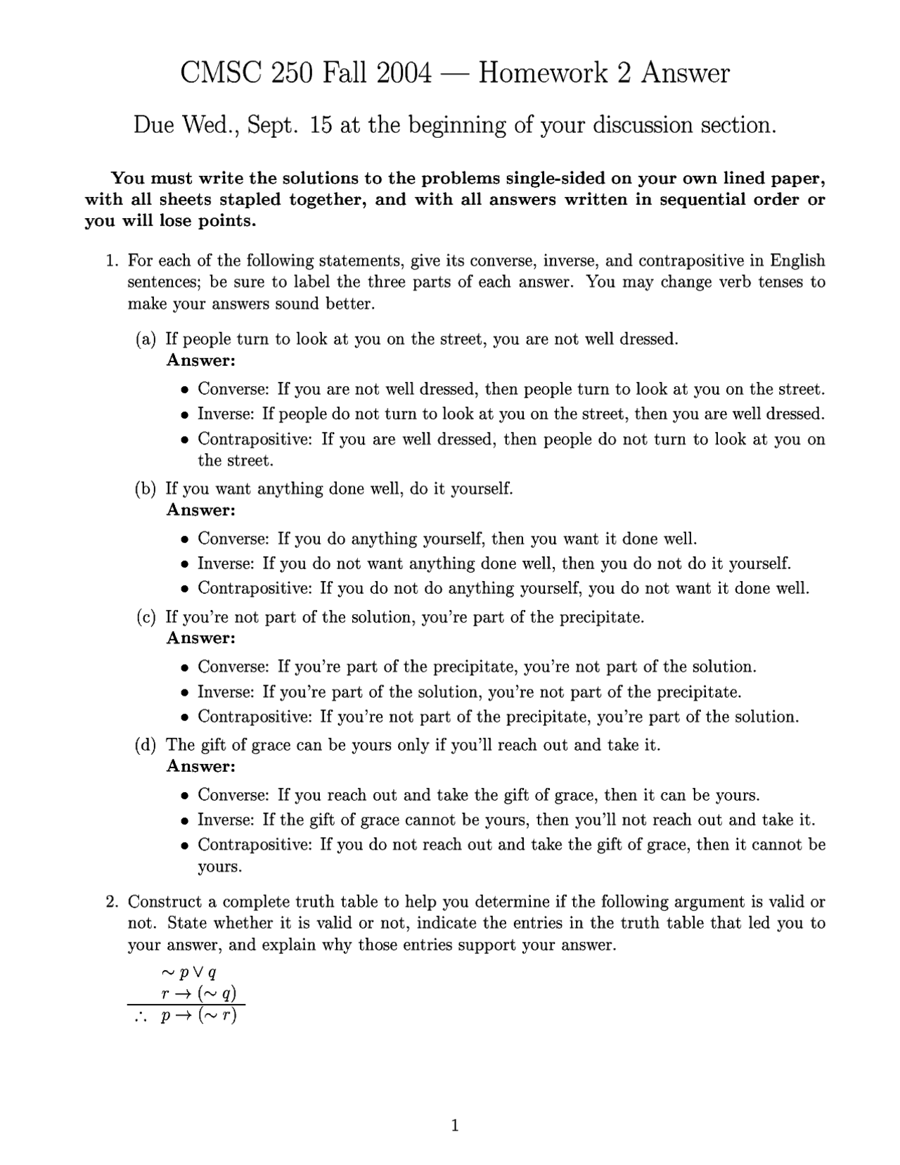 Homework 2 With Answers Discrete Structures Cmsc 250 Docsity