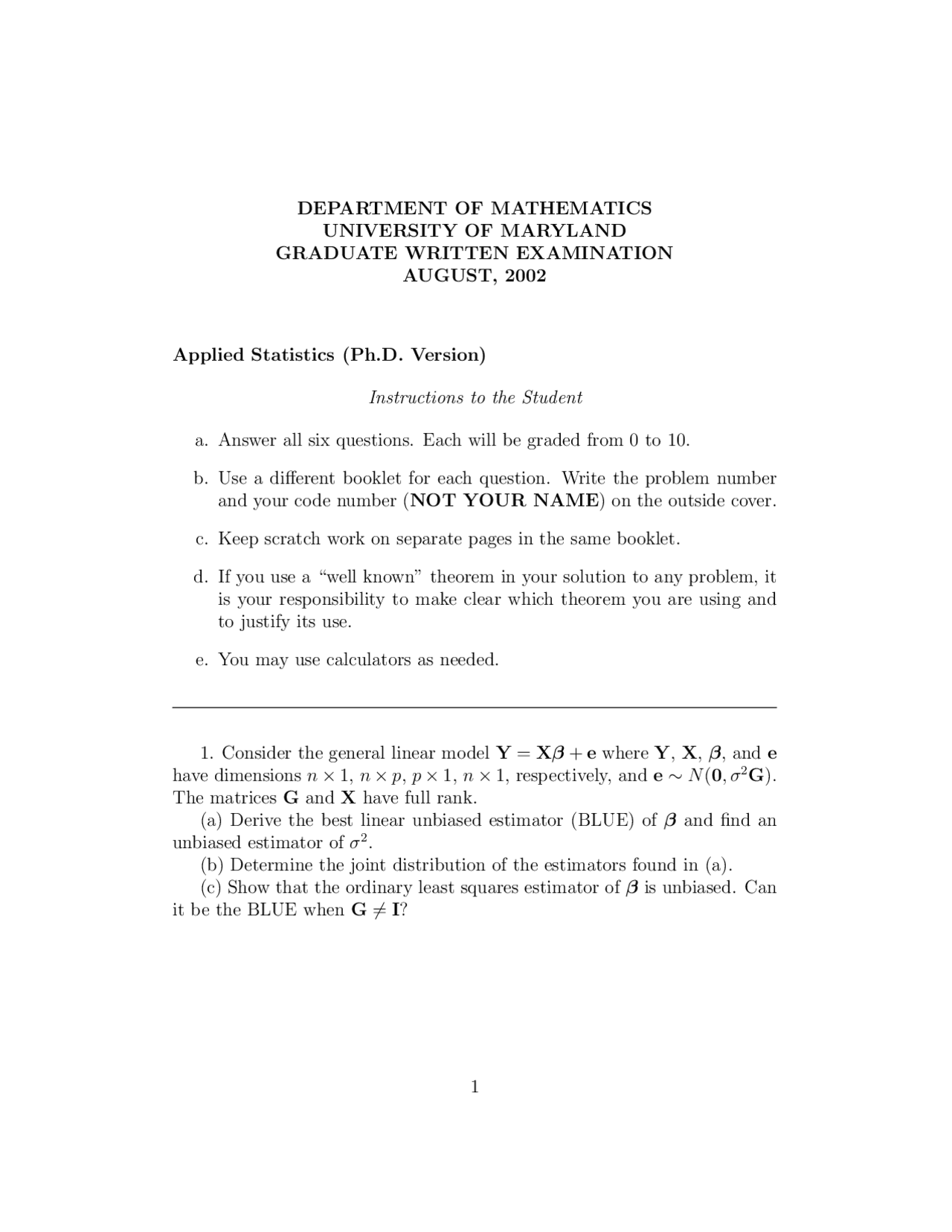 Final Exam Linear Statistical Models I 2002 Stat 740 Docsity
