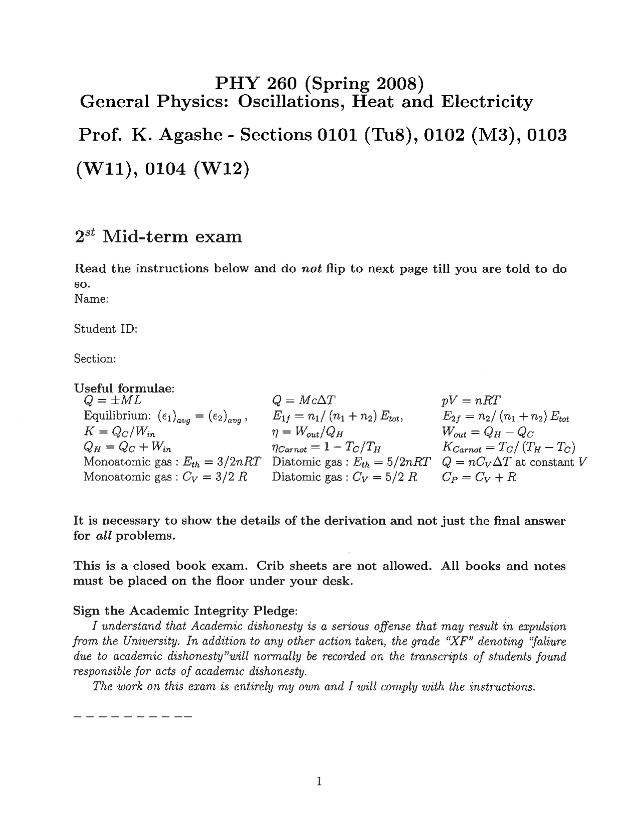 Physics Vibration Waves Heat Midterm Exam 2 With Solutions Phys 260