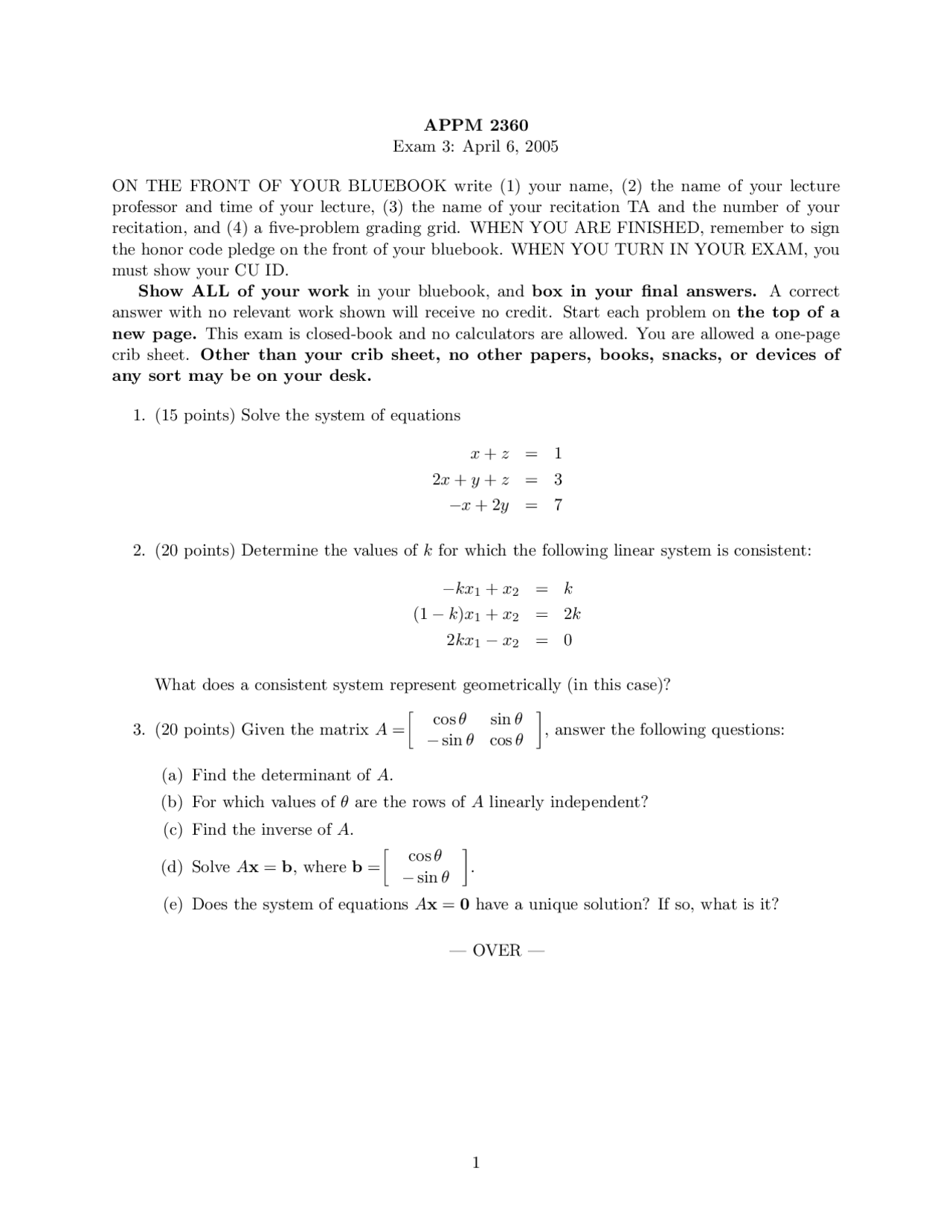 Introduction To Differential Equations With Linear Algebra Exam 3