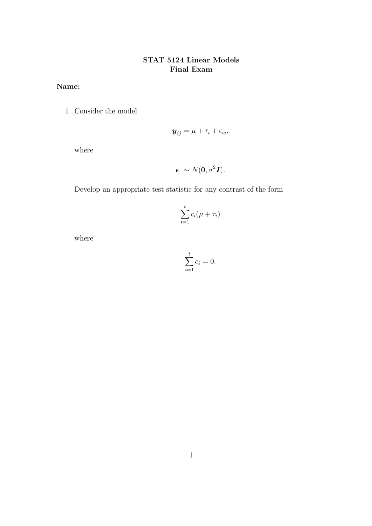 Linear Models Theory Final Exam Stat 5124 Docsity