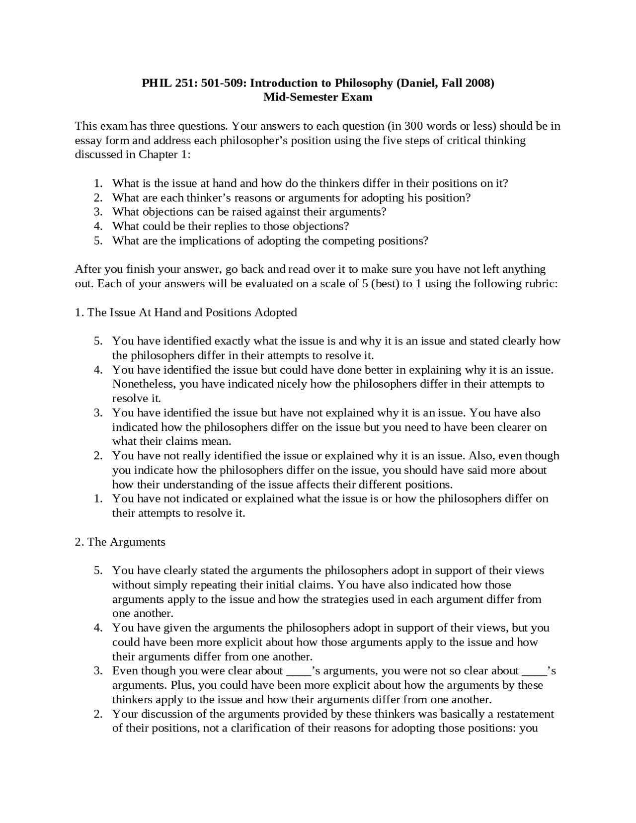 Midterm Semester Exam With Solution Philosophy Phil 251 Docsity
