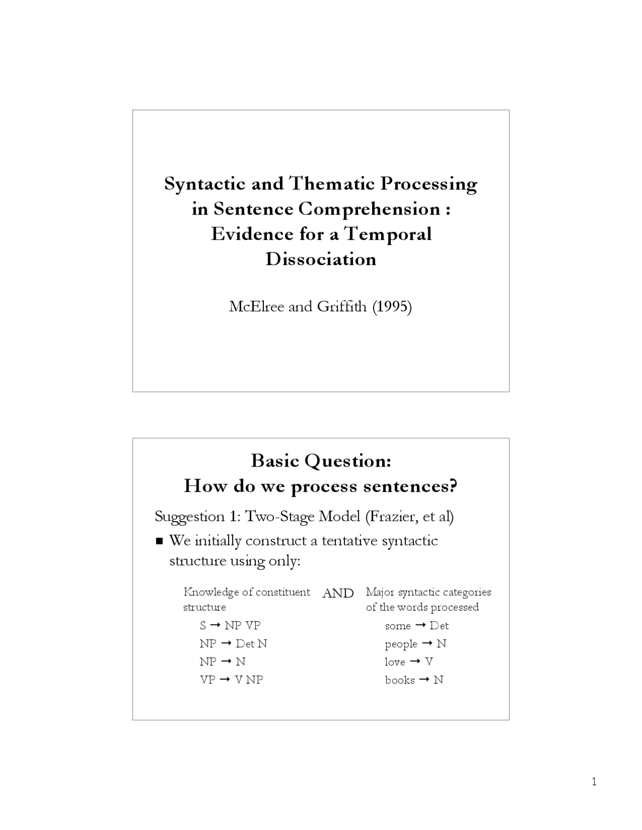 Syntactic And Thematic Processing In Sentence Comprehension Ling 499a