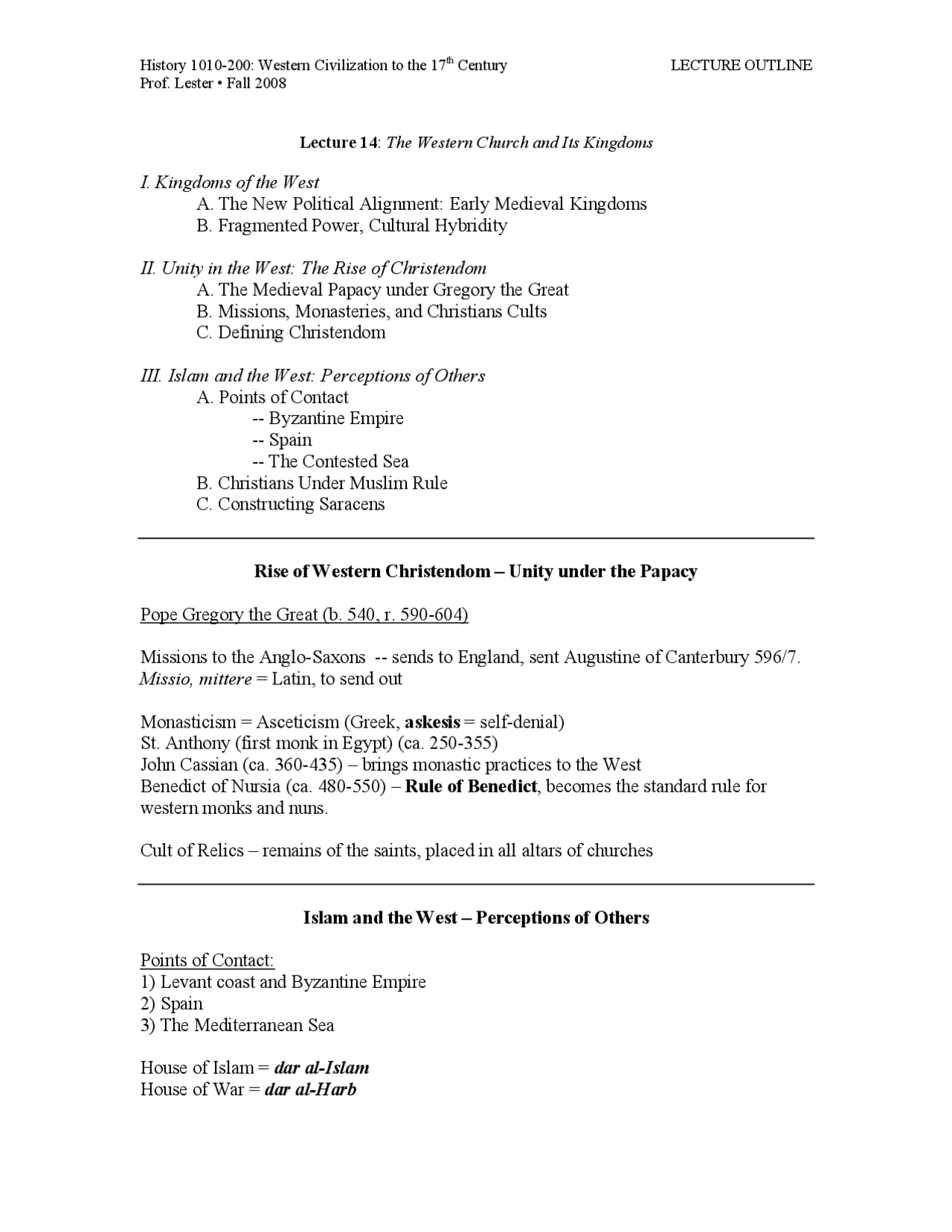 Lecture Notes on The Western Church and Its Kingdoms | HIST 1010 ...