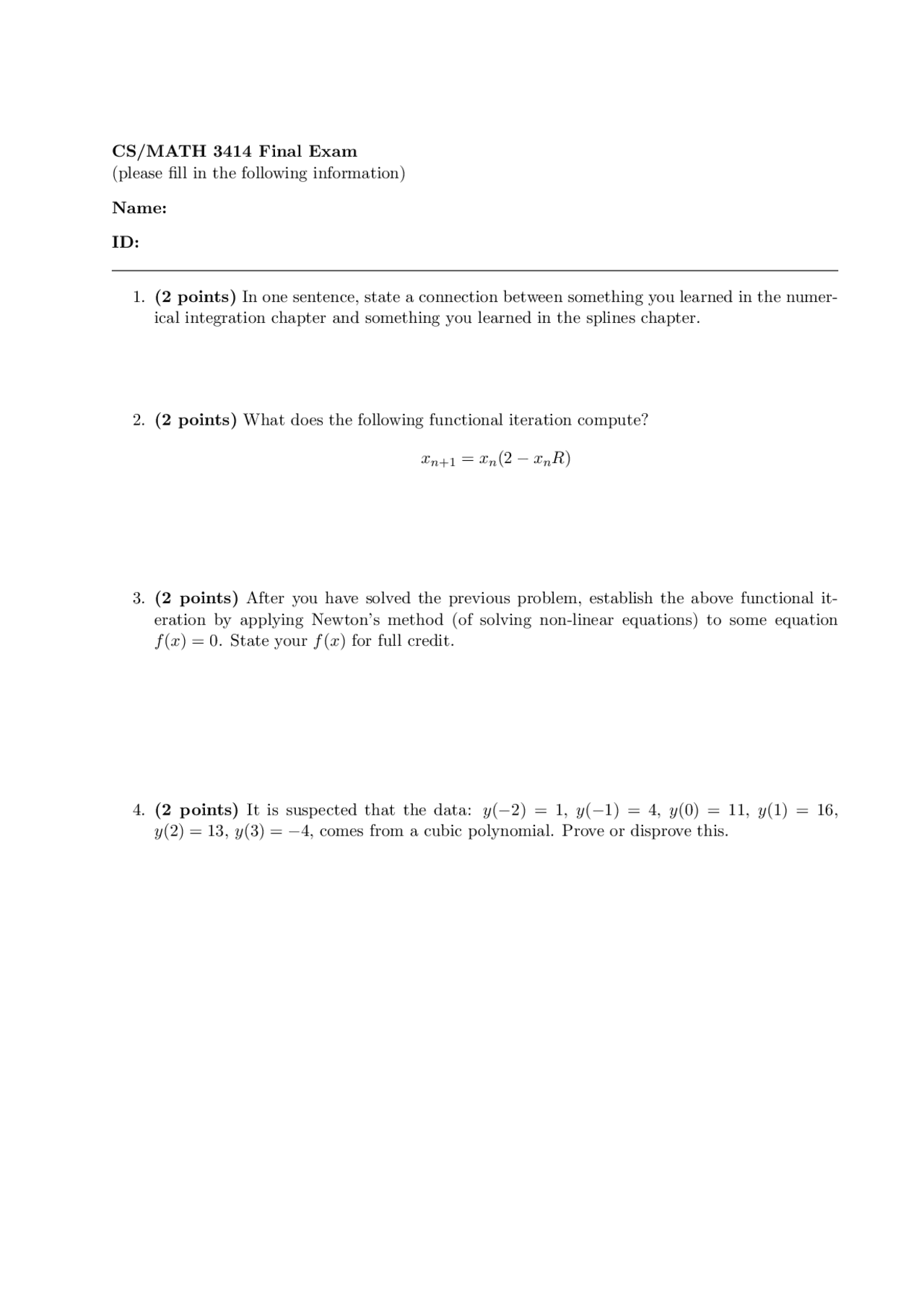 Final Exam For Numerical Methods Cs 3414 Docsity