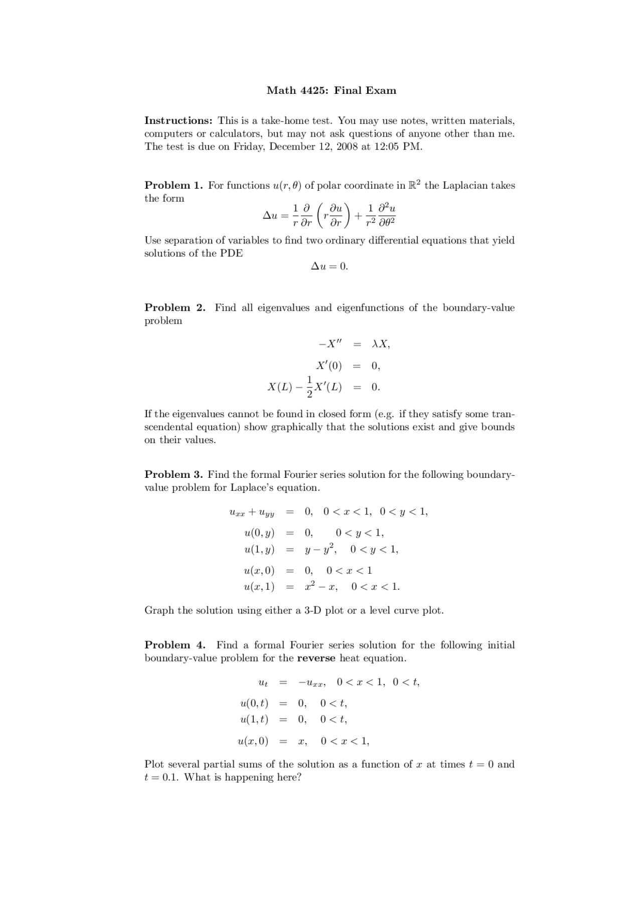 Fourier Series And Partial Differential Equations Final Exam Math