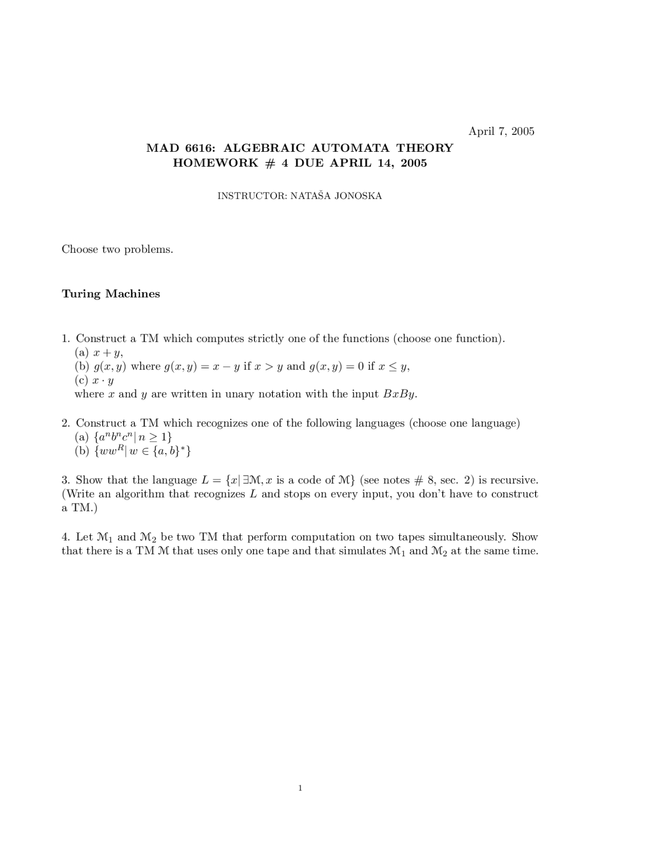 Homework 4 For Algebraic Automata Theory Mad 6616 Docsity