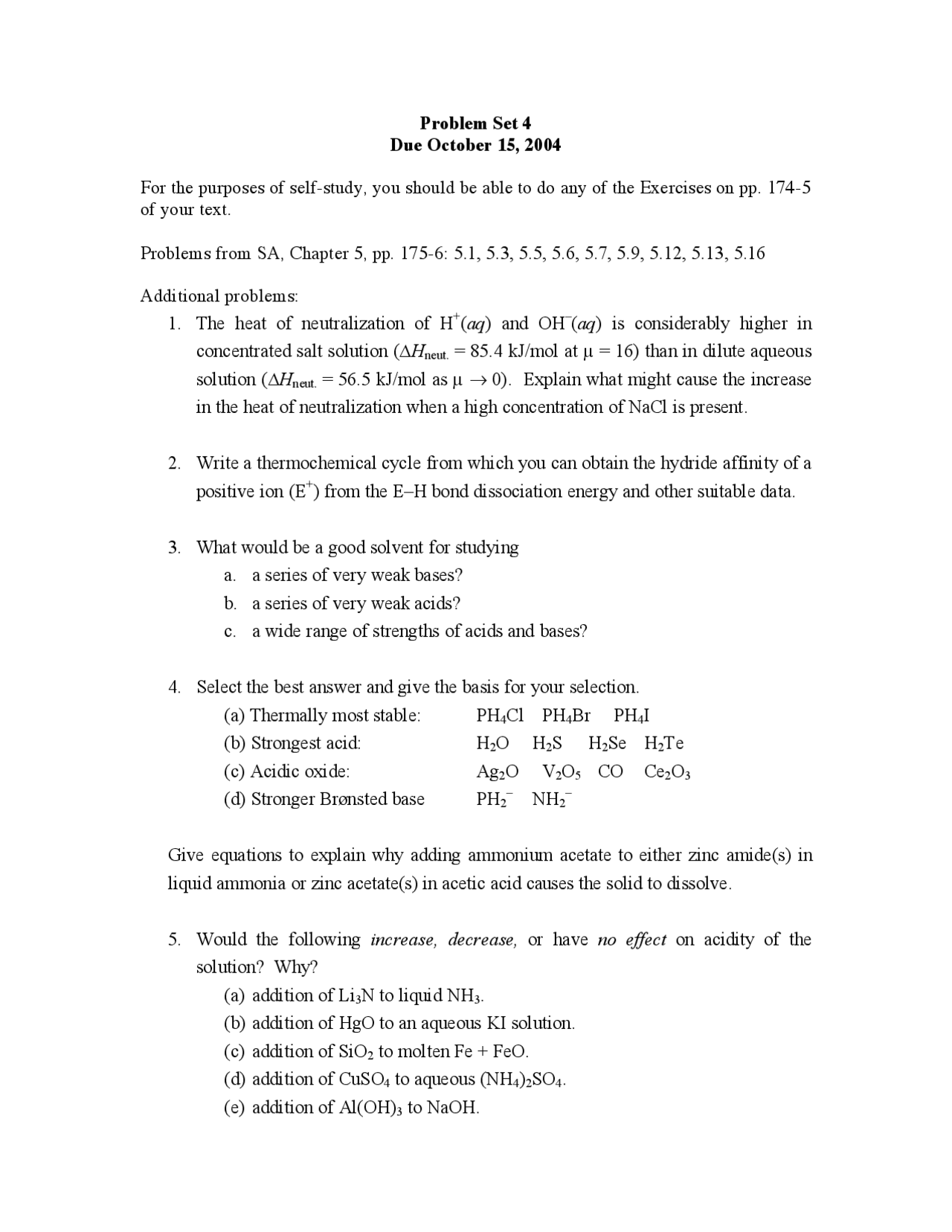9 Questions On Inorganic Chemistry Assignment 4 Fall 2004 Chem