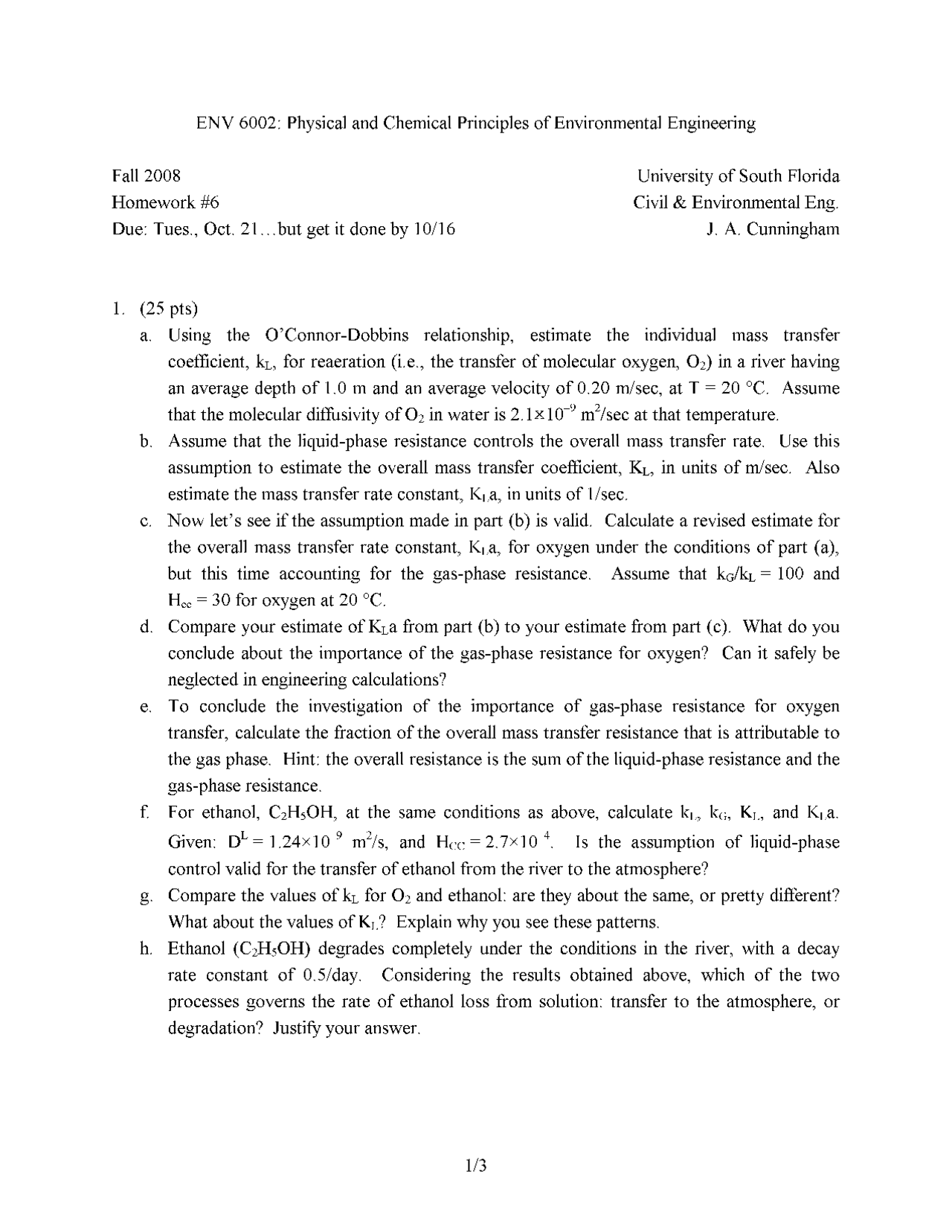 Physical And Chemical Principles Assignment 6 Env 6002 Docsity