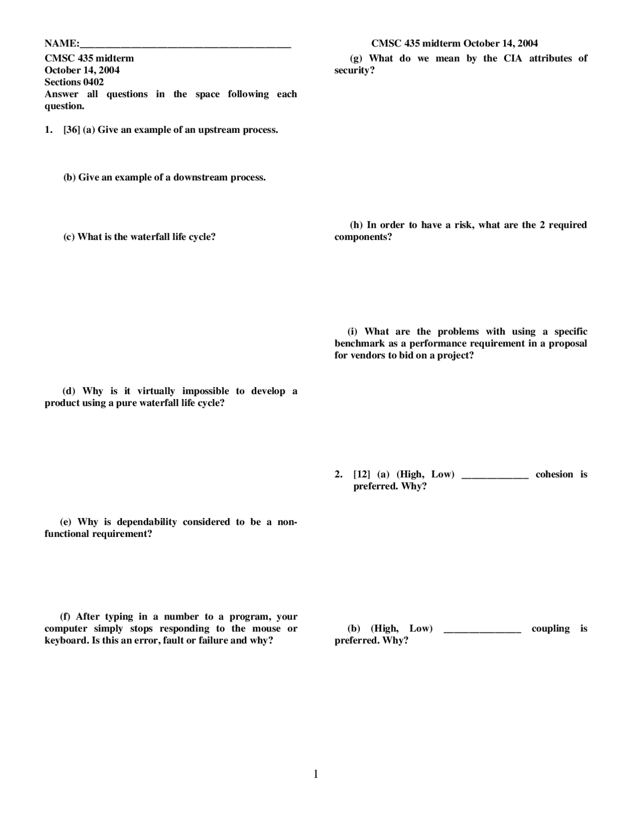 Midterm Exam Questions Software Engineering Cmsc 435 Docsity