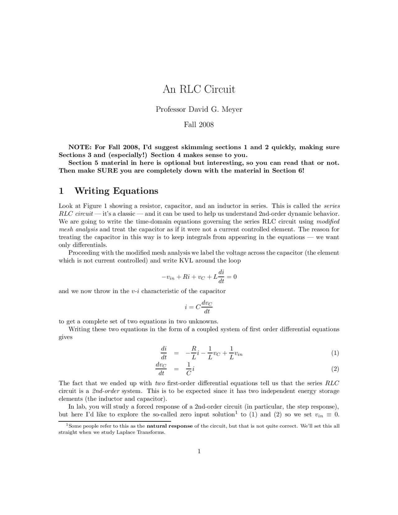 An Rlc Circuit Circuits As Systems Lecture Notes Ecen 2260