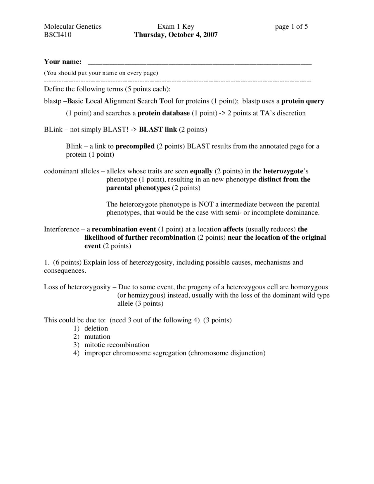 Solved Problems On The Molecular Genetics Exam 1 Bsci 410 Docsity