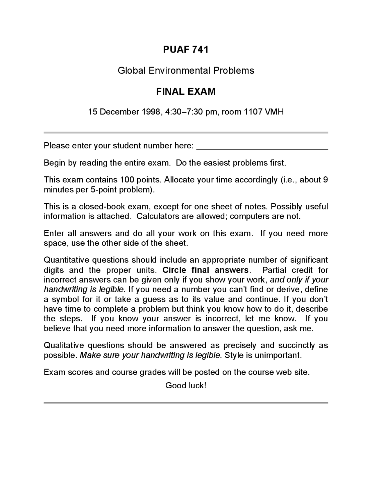 Global Environmental Problems Final Exam, December 1998 - Prof. Steve ...