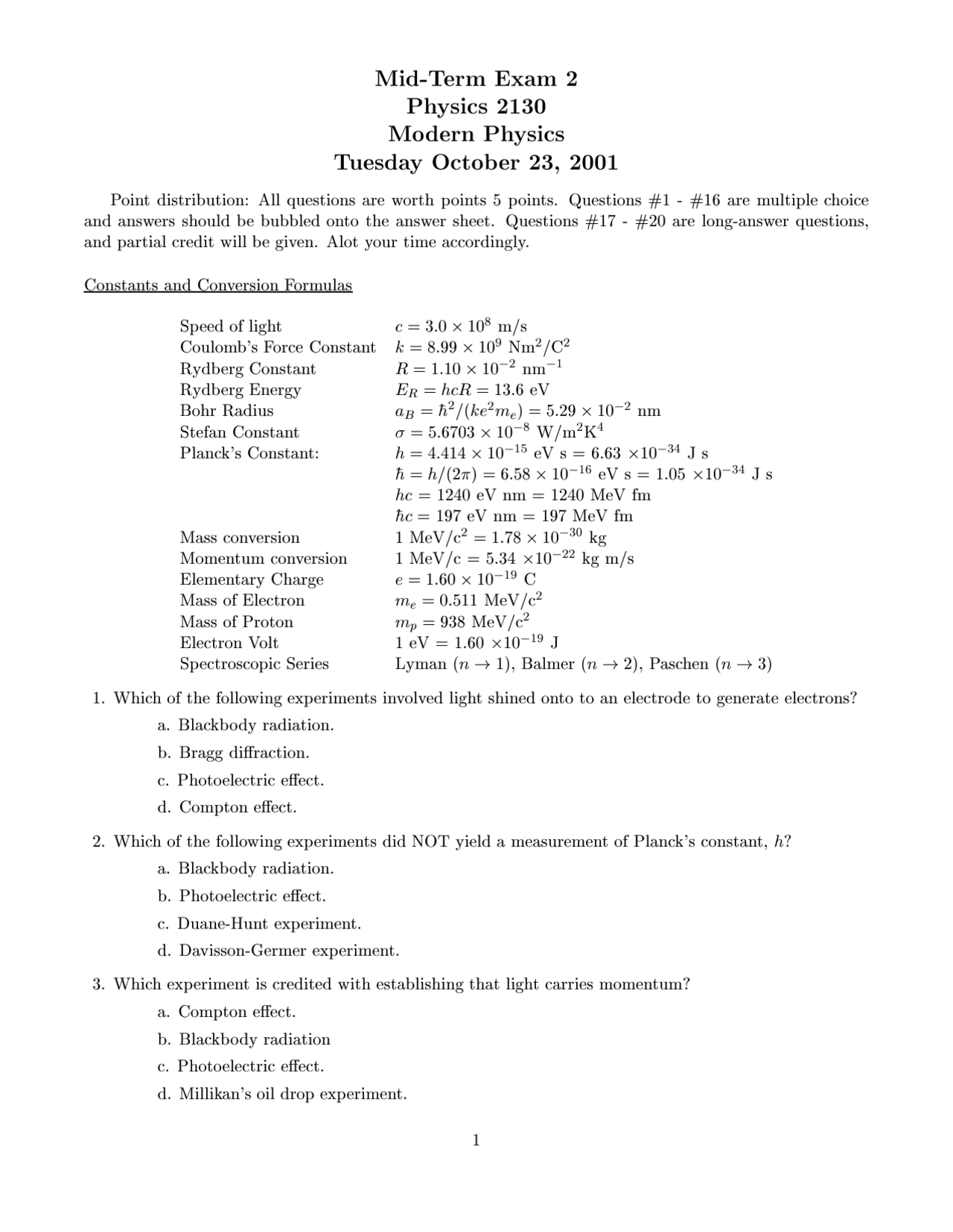 Midterm Exam 2 General Physics Iii Phys 2130 Docsity