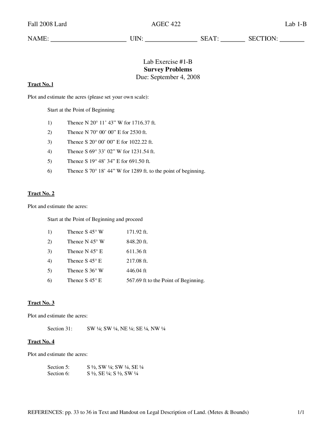 Survey Problems Land Economics Lab Exercise 1 B Agec 422 Docsity